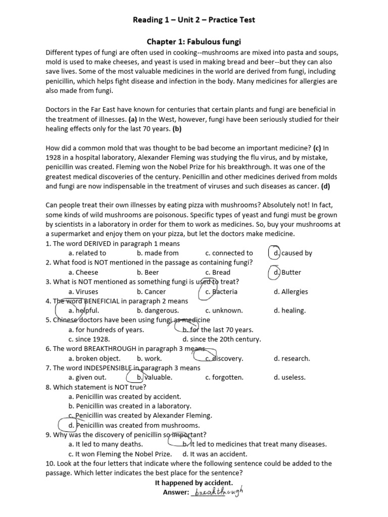 Reading 1 Unit 2 Practice Test | PDF | Fungus | Penicillin
