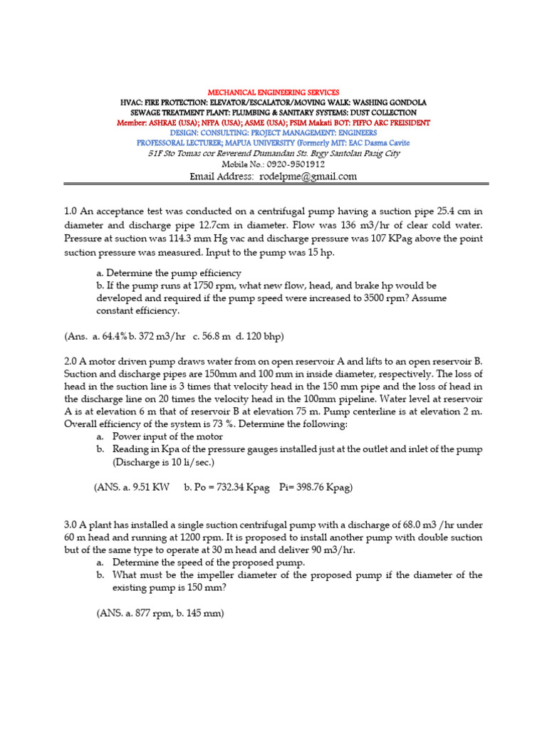 Pump Practice Problems 09042024 | PDF | Pump | Horsepower