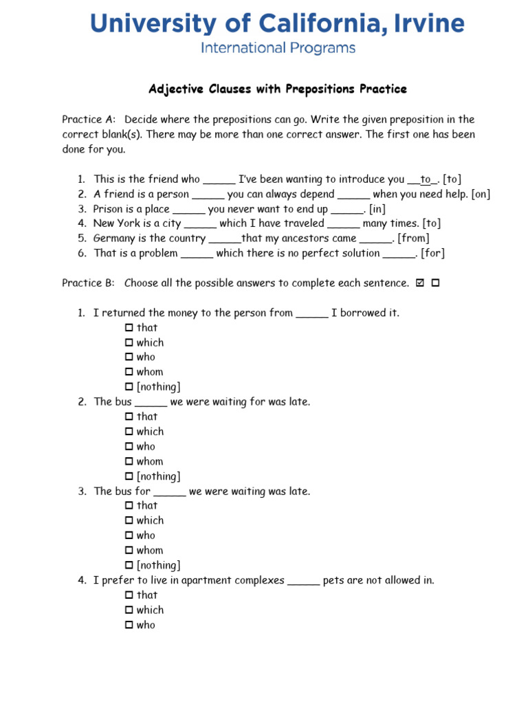 Adjective Clauses Prepositions Practice | PDF | Foreign Language Studies