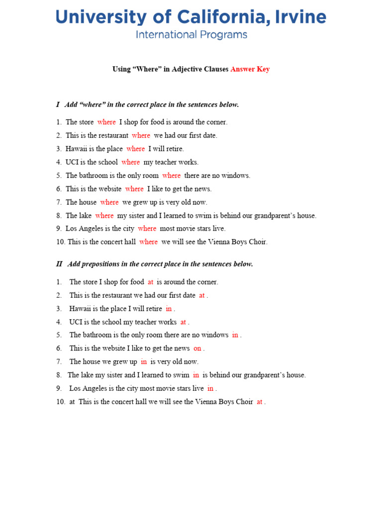 Adjective Clauses Where Handout Key | PDF