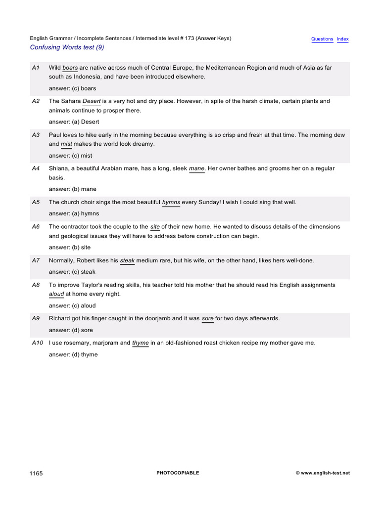 English-Vocab-Tests-Answers Year 8 Only | PDF