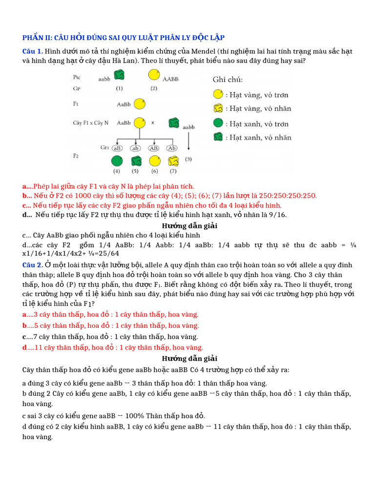 PHẦN II CÂU HỎI ĐÚNG SAI PHÂN LY ĐỘC LẬP | PDF