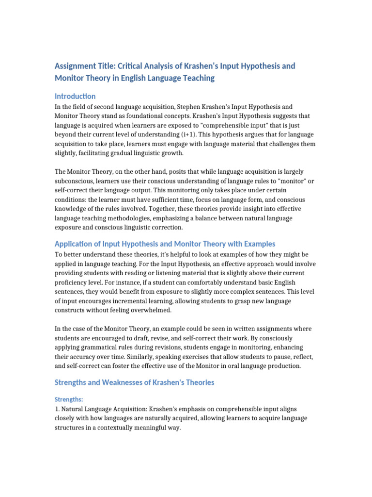 Critical Analysis of Krashen Theories | PDF | Learning | Language Acquisition