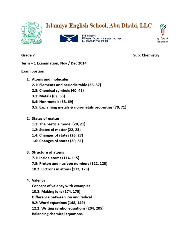 First Term Portions Grade 7 - Chemistry | PDF