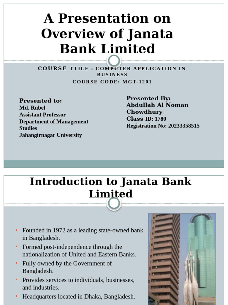 A Presentation On Overview of Janata Bank Limited | PDF | Banks | Economies