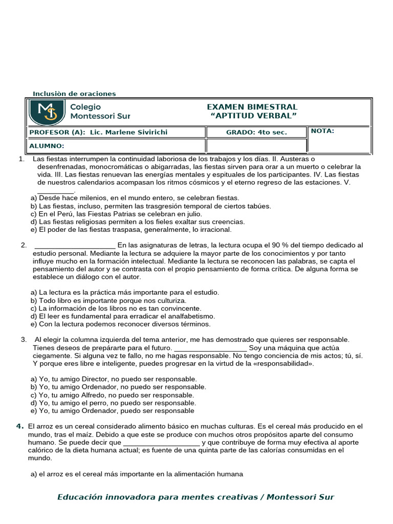 Examen Letras Mensual F001 | PDF | Alimentos | Cereales