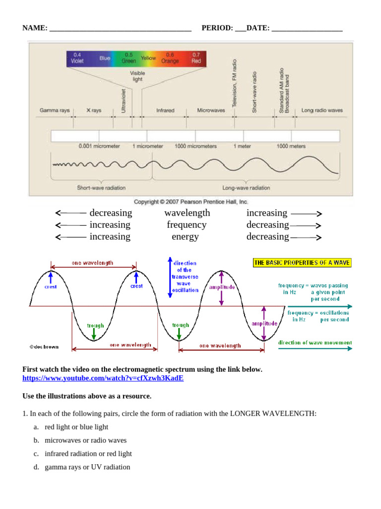 Electromagnetic Spectrum Worksheet 1 | PDF | Electromagnetic Radiation ...