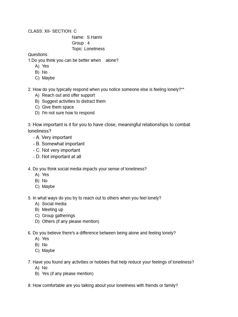 Loneliness Survey: Insights & Responses | PDF | Career & Growth | Self ...