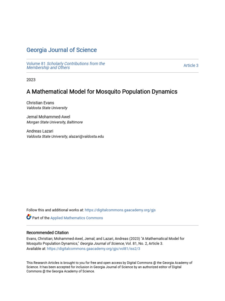 Mathematical Model For Mosquito Population Dynamics | PDF | Malaria | Stability Theory