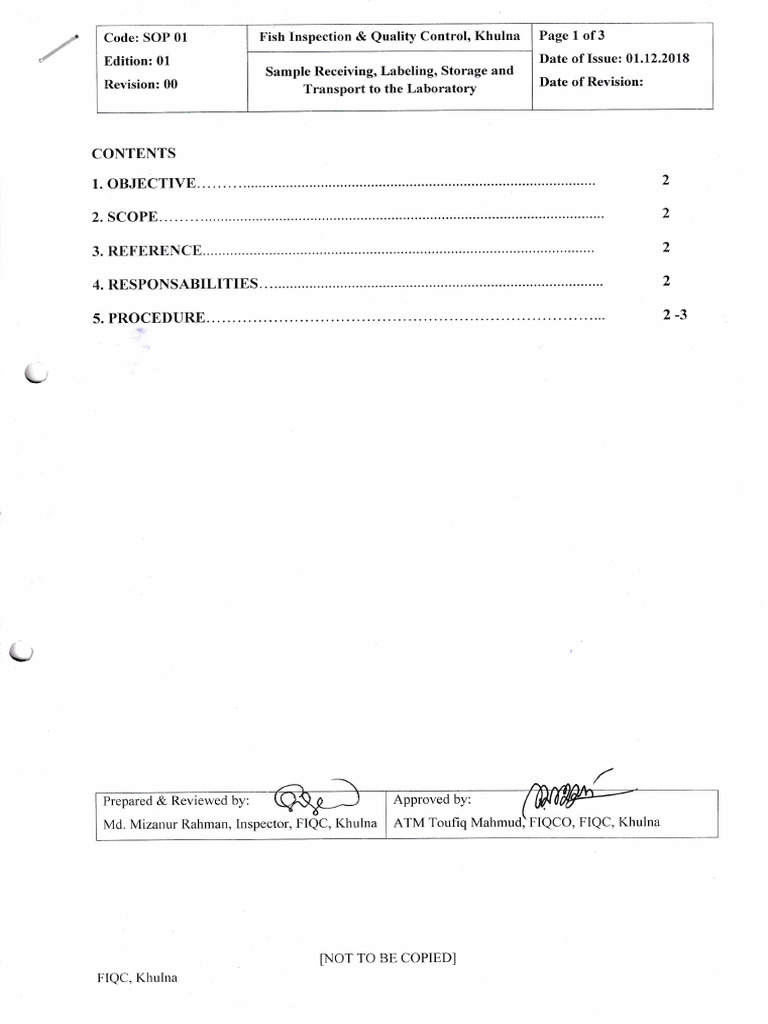 Sample Receiving Labeling Storage and Transport To The Laboratory Form ...