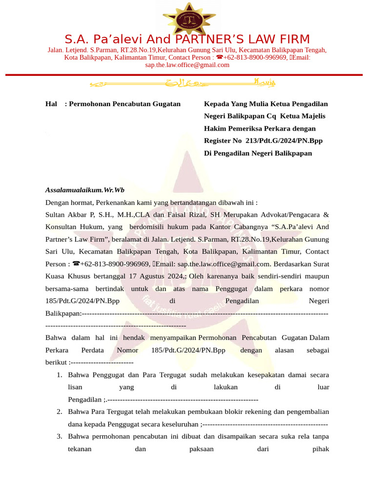 Surat Permohonan Pencabutan Gugatan | PDF