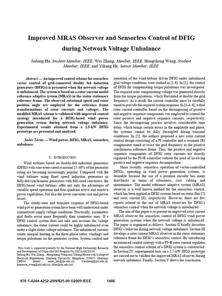 Improved MRAS Observer and Sensorless Control of DFIG During Network Voltage Unbalance | PDF ...