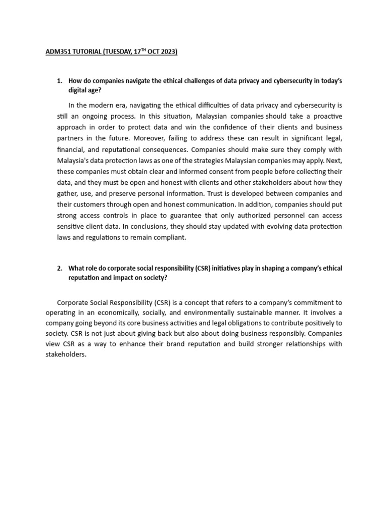 ADM351 TUTORIAL W3 | PDF | Corporate Social Responsibility | Reputation