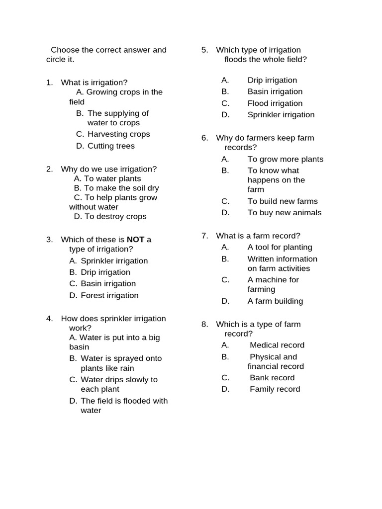 Year 4 Agriculture Test: Irrigation and Farm Records | PDF | Irrigation ...