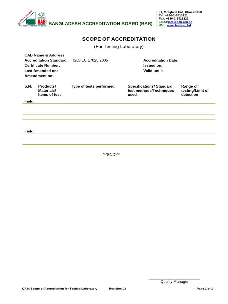 QF34 Scope of Accreditation Rev3-On 6 Nov 14 | PDF