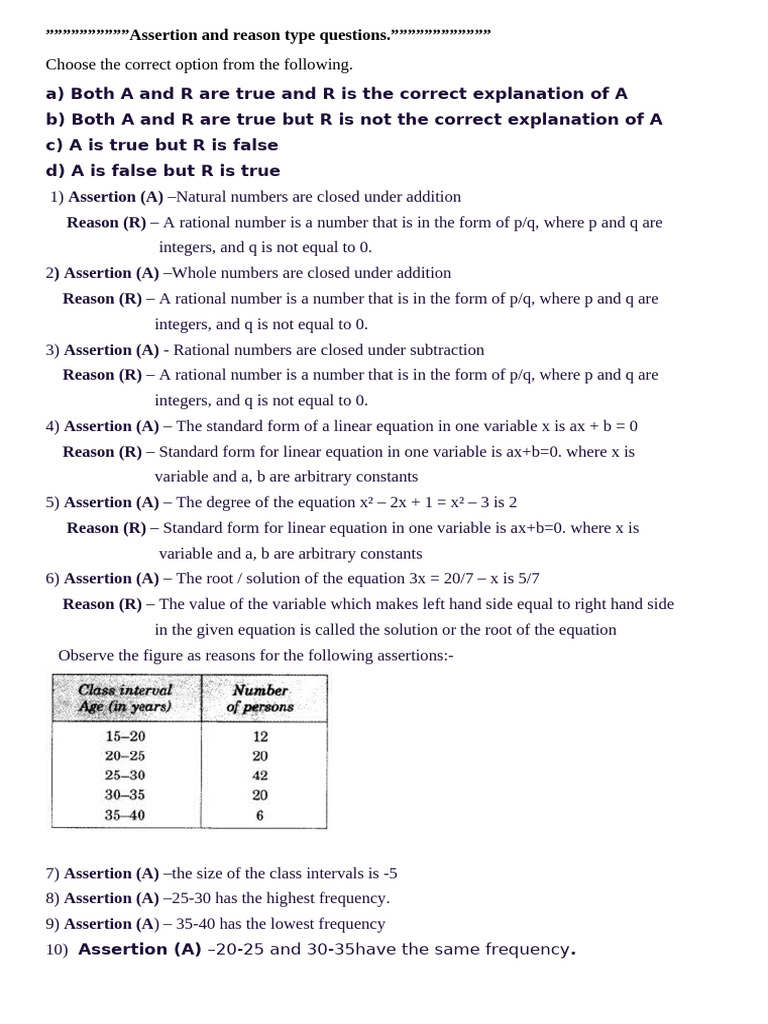 Assertion and Reason Type Questions PE1 | PDF | Equations | Integer