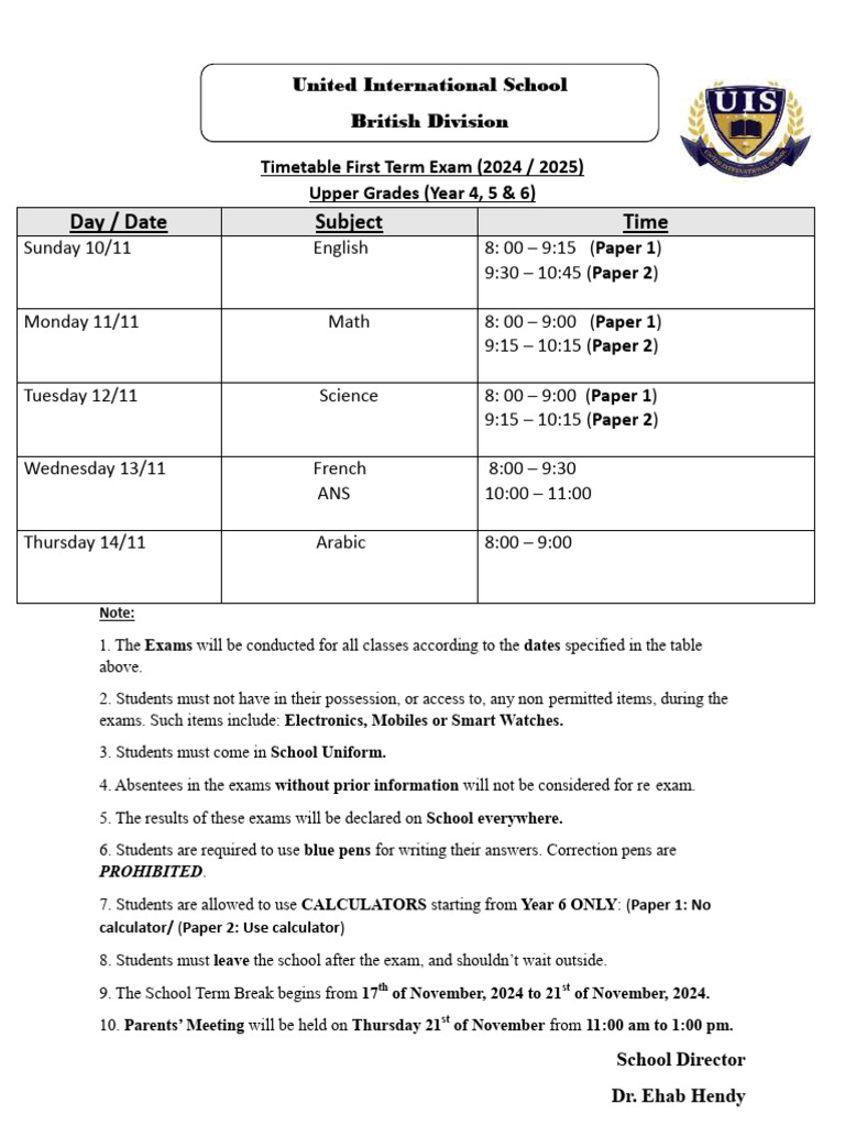 First Term Exam Timetable 2024-2025 | PDF