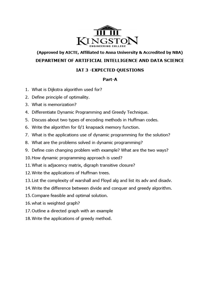 IAT 3 EXPECTED QUESTIONS II AI&DS With NM | PDF | Dynamic Programming ...