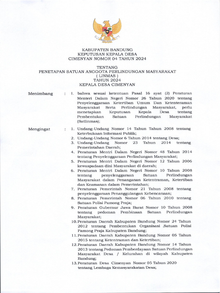 Penetapan Linmas Desa Cimenyan Tahun 2024 - 0001 | PDF