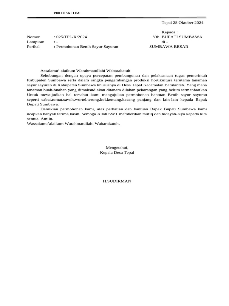 Permohonan Benih Sayuran Desa Tepal | PDF