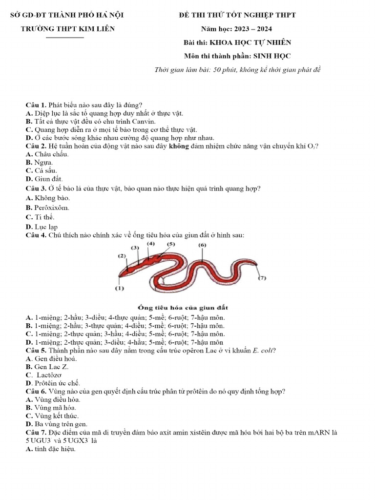 32 de Thi Thu TN THPT Sinh Hoc 2024 THPT Kim Lien Hndocx - 3200 - PDF - Gdrive.vip | PDF