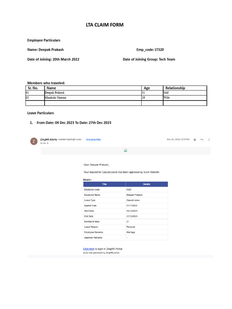 LTA Claim Form for Deepak Prakash | PDF | Payments