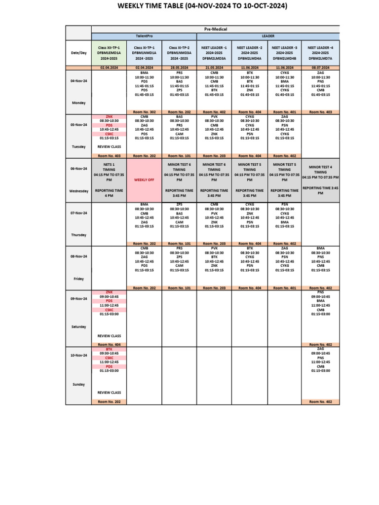 Neet Time Table 4 Nov - 10 Nov | PDF