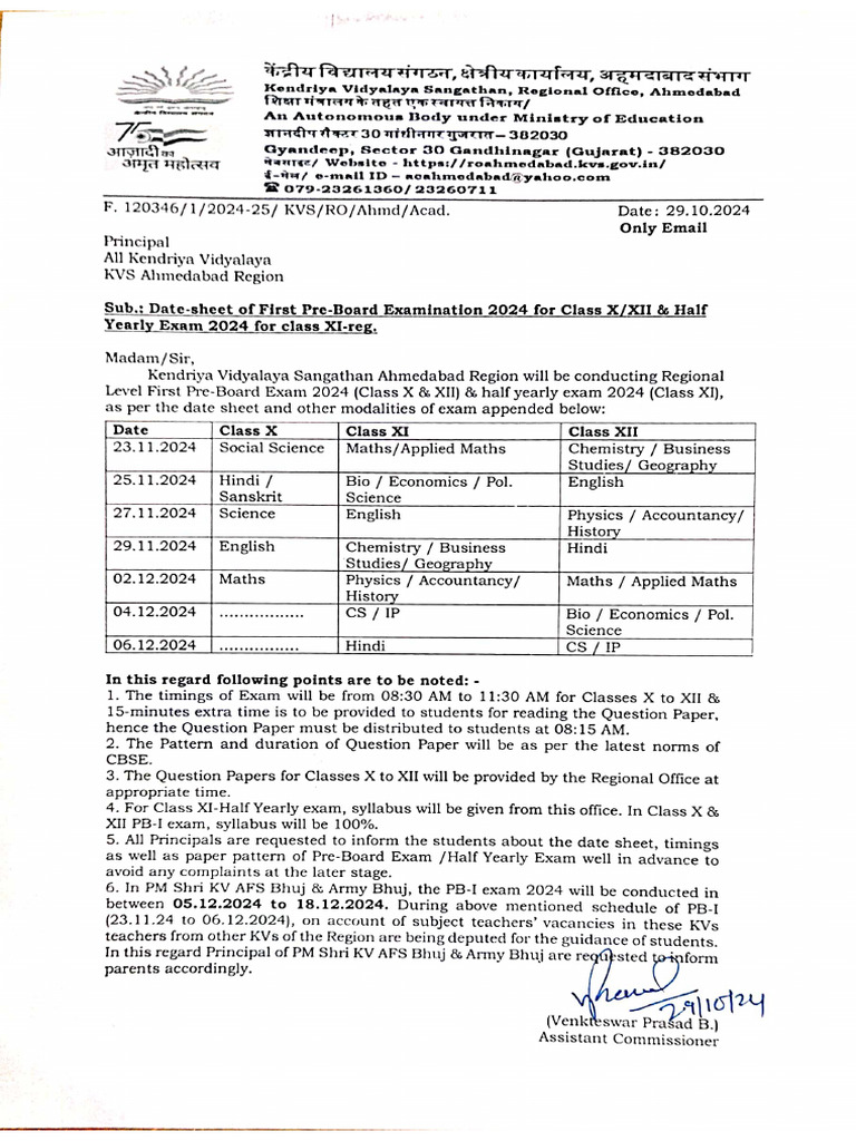 Date Sheet of First Pre-Board Examination 2024 For Class X-XII & Half ...