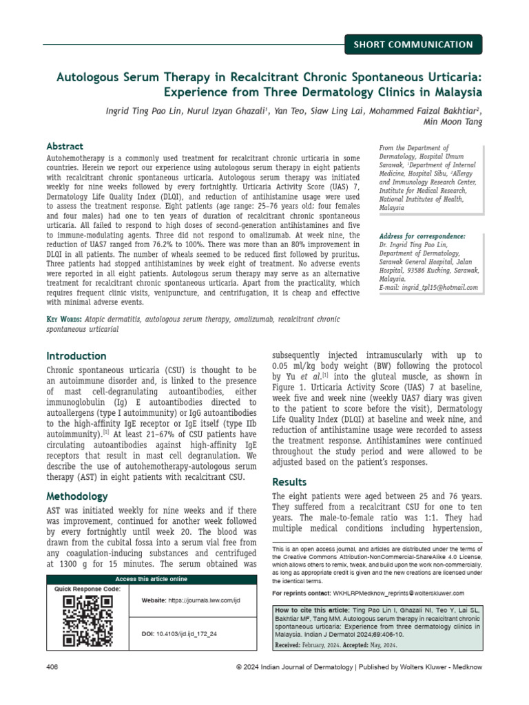 Autologous Serum Therapy for Chronic Urticaria | PDF | Causes Of Death ...