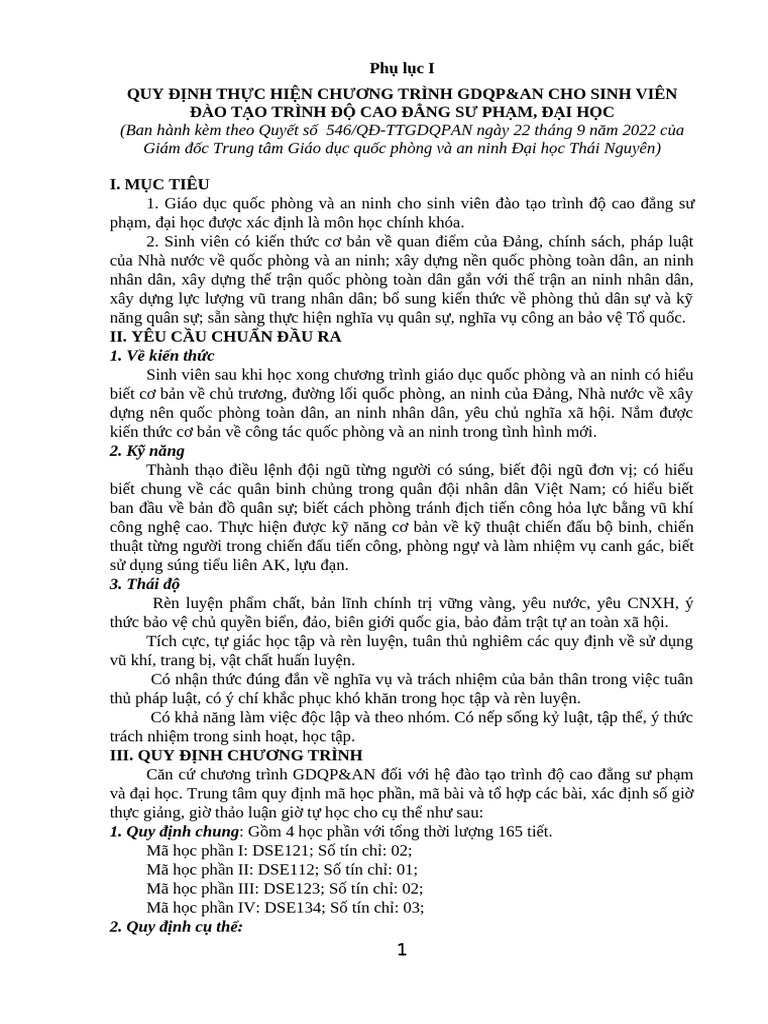 546-2022 Phu Luc Quy Dinh Thuc Hien Chuong Trinh Mon Hoc GDQPAN | PDF