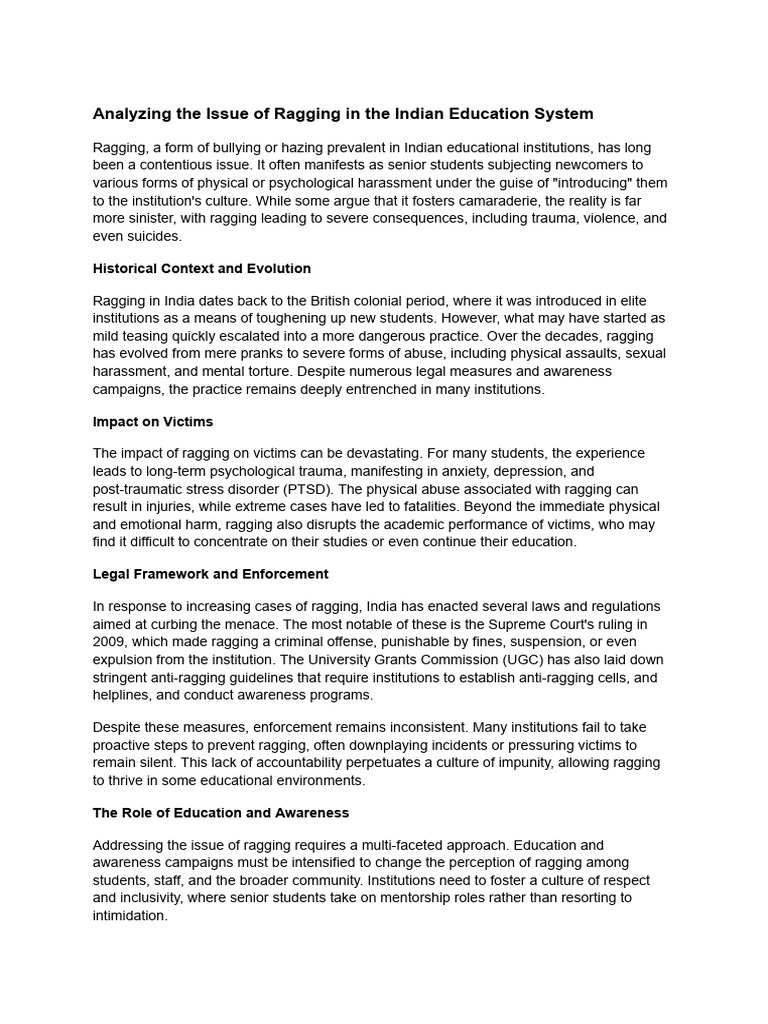 Analyzing The Issue of Ragging in The Indian Education System | PDF ...