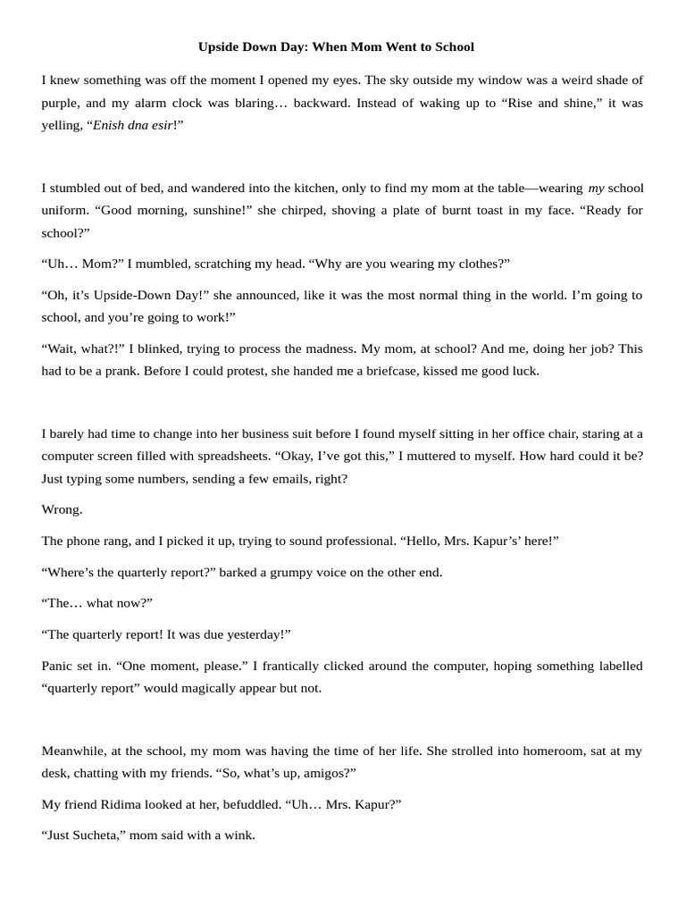 UPSIDE-DOWN DAY (Story Writing - Kashvi 8K OPJMS) | PDF