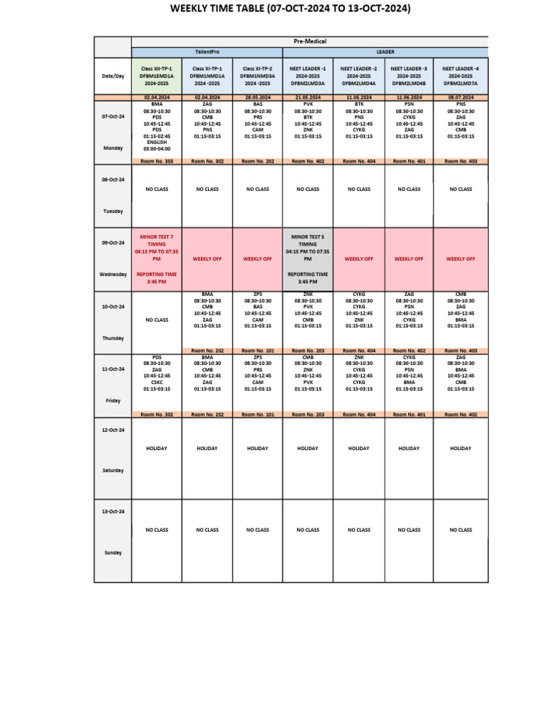 Neet Time Table 07 Oct - 13 Oct | PDF | Workweek And Weekend