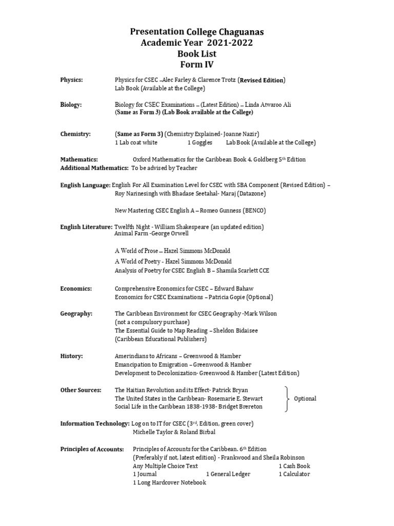 FORM 4&5 BOOKLIST PCC | PDF