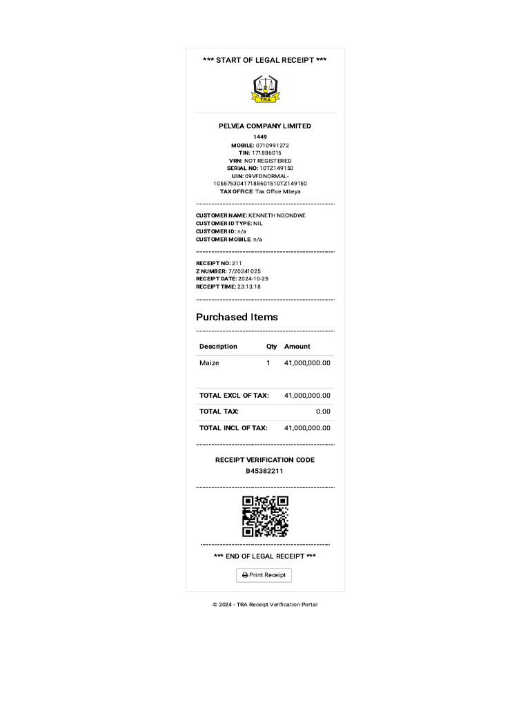 PELVEA Receipt Summary for Maize Purchases | PDF | Business | Finance ...