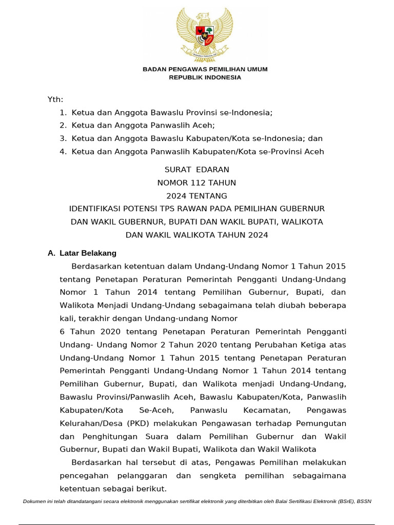 SE Nomor 112 Tahun 2024 Tentang Identifikasi Pemetaan TPS Rawan Pemilihan 2024v | PDF