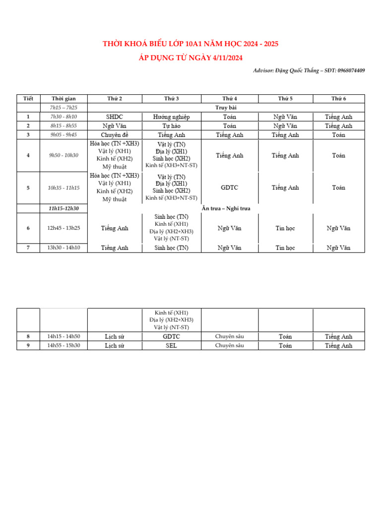 Thời khoá biểu lớp 10A1 - Từ ngày 4 11 2024 | PDF