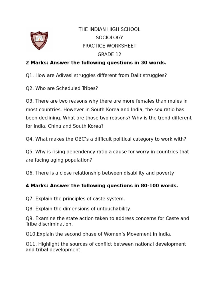 Practice Worksheet Term 1 Class 12 Sociology | PDF