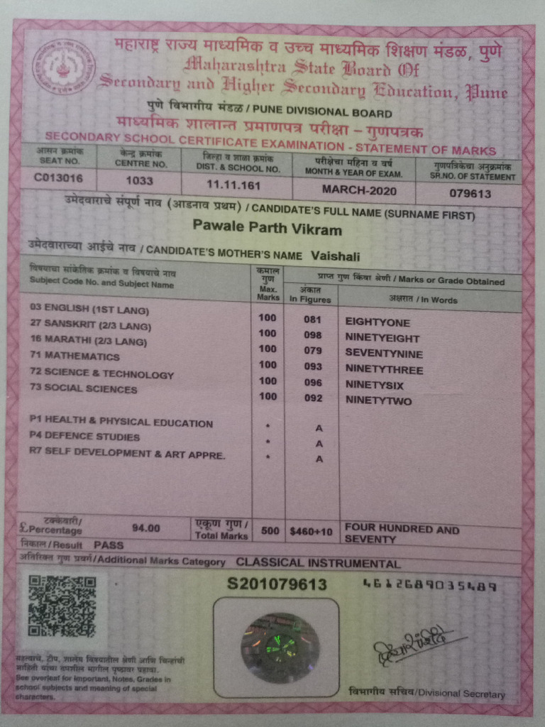 10 th marksheet parth | PDF | Educational Stages | Tests