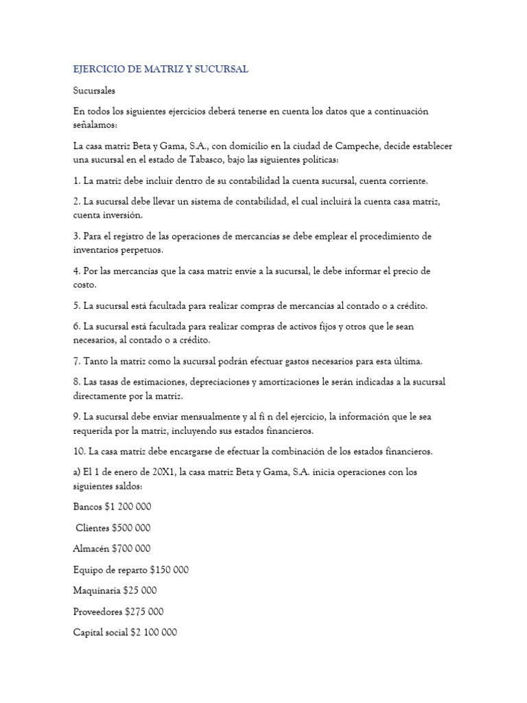Ejercicio de Matriz y Sucursal 1 PDF | PDF | Cheque | Contabilidad