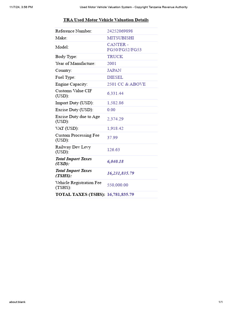 Used Motor Vehicle Valuation System - Copyright Tanzania Revenue ...