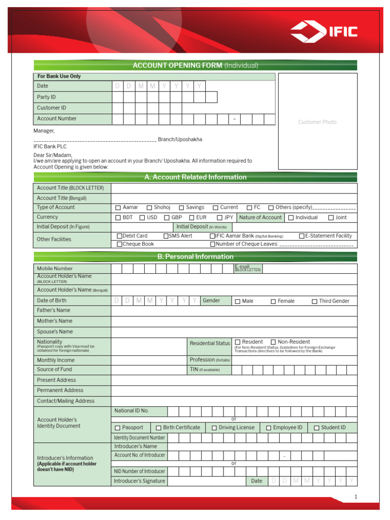 IFIC Bank Individual Account Opening Form | PDF | Identity Document | Banks