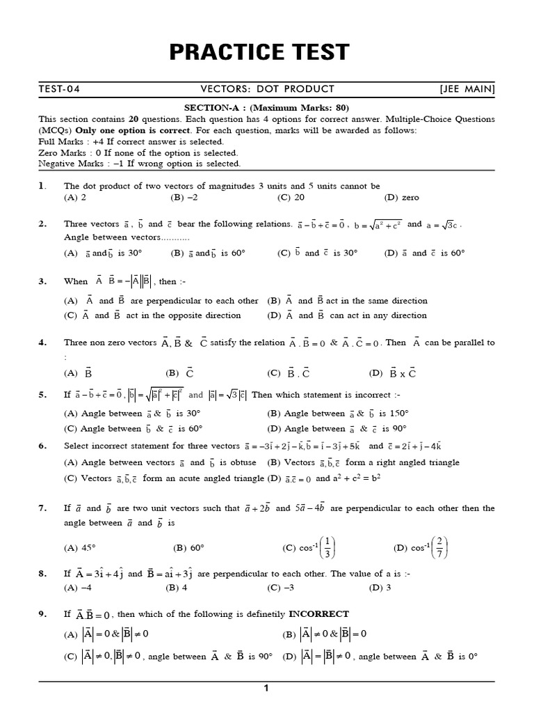 PT-04 - JEE-PHY - Vector - Dot Product - SC | PDF | Physical Phenomena | Euclidean Geometry