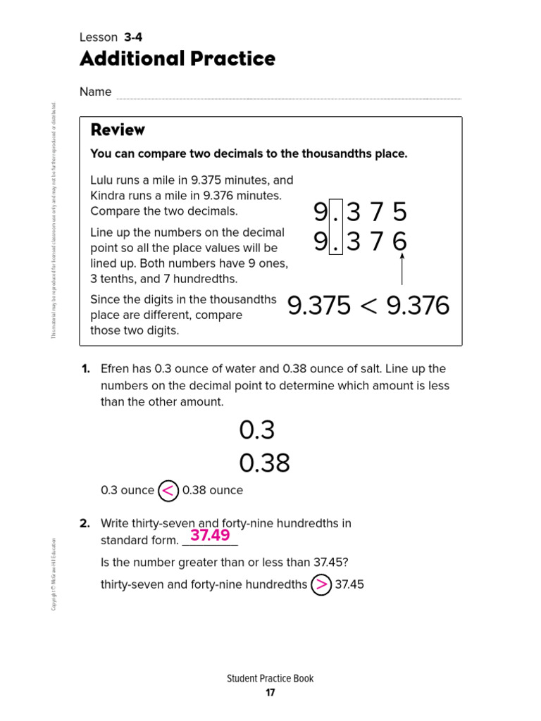 Comparing Decimals: Lesson 3-4 Practice | PDF