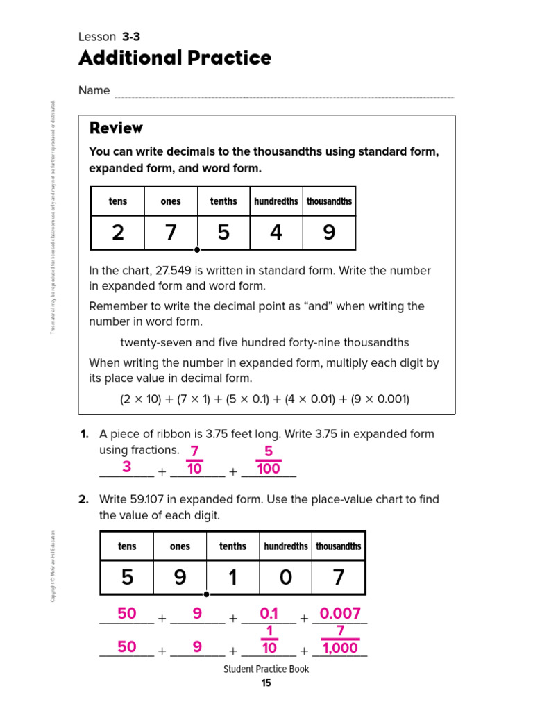 3.3 Practice Book Answerkey | PDF | Decimal | Numbers