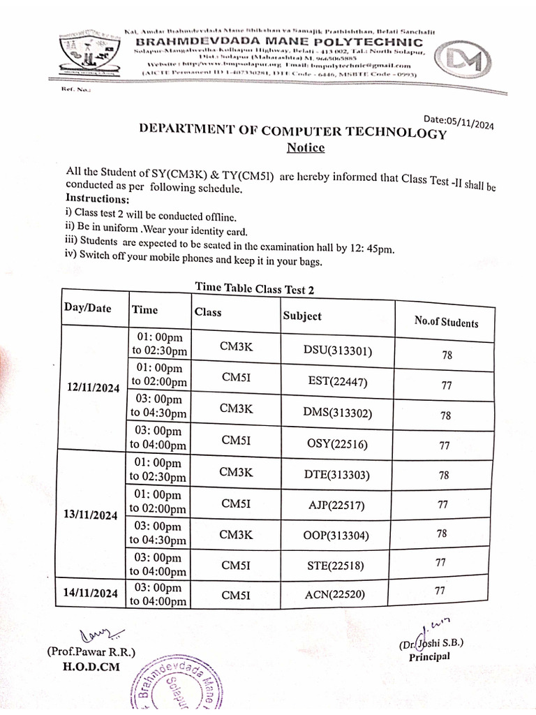 Class Test 2 Timetable | PDF