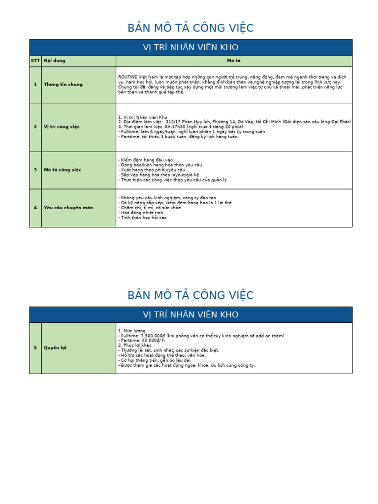JD Nhân Viên Kho | PDF