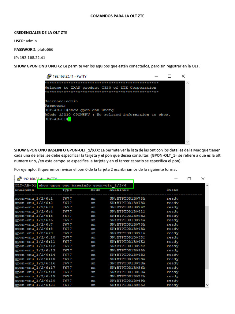 Comandos para La Olt Zte | PDF | Telecomunicaciones | Protocolos de comunicaciones