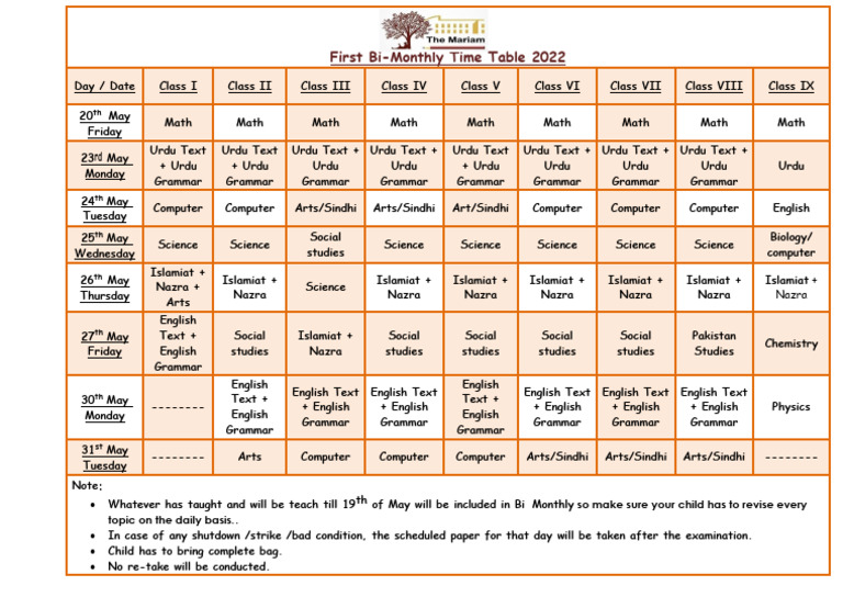 First Bi Monthly Time Table 2022 | PDF