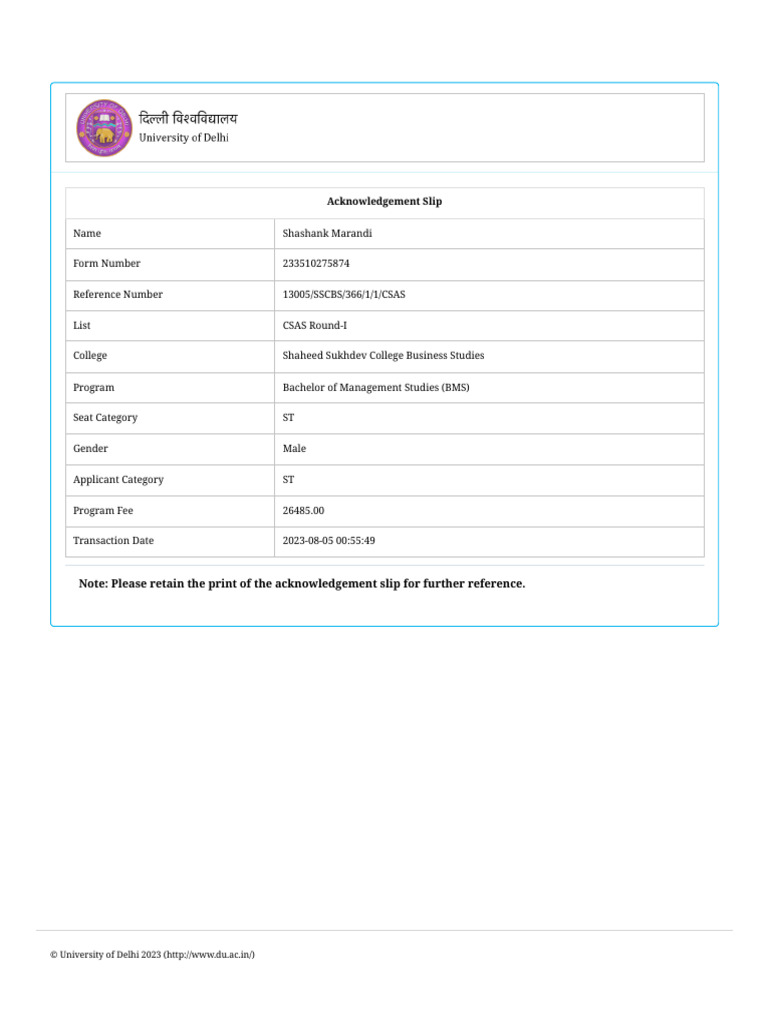 DU Fee Acknowledgement Slip 2023 | PDF